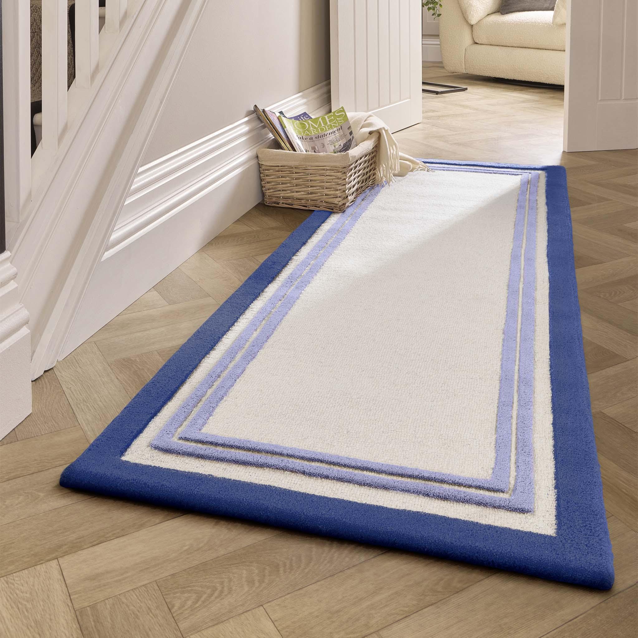 Piper Framed Hand Tufted Modern Plain Wool Bordered Blue Cream Rug